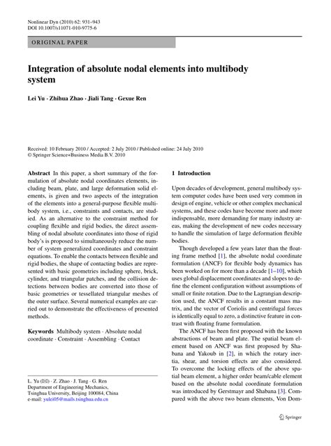 Pdf Integration Of Absolute Nodal Elements Into Multibody System