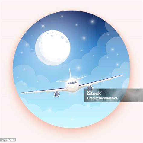 달과 별과 파란 배경에 비행기입니다 밤 하늘에서 비행 비행기입니다 그림을 방문 비행기 민간 항공 교통 여행 개념에 대한 스톡