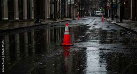 Road Safety City Street After Rain With Traffic Cone Construction