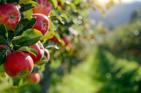 Ripe Red Apples Hanging In A Row From Tree Branches In An Apple Orchard