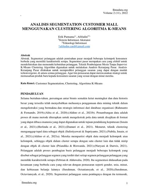 Analisis Segmentation Customer Mall Menggunakan Clustering Algoritma K Means Pdf