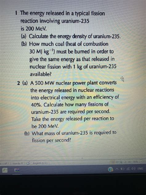 Solved 1 The Energy Released In A Typical Fission Reaction