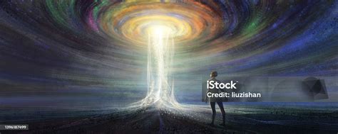 시간과 공간의 소용돌이 앞에 서있는 사람 3d 일러스트레이션 회오리바람에 대한 스톡 벡터 아트 및 기타 이미지 회오리바람 시간 문 Istock