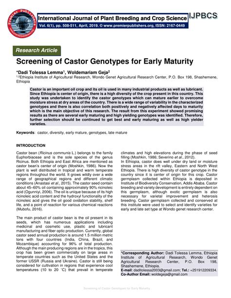 Pdf Screening Of Castor Genotypes For Early Maturity