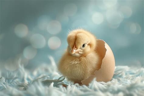 Chick In Half Eggshell Blue Background Premium Ai Generated Image