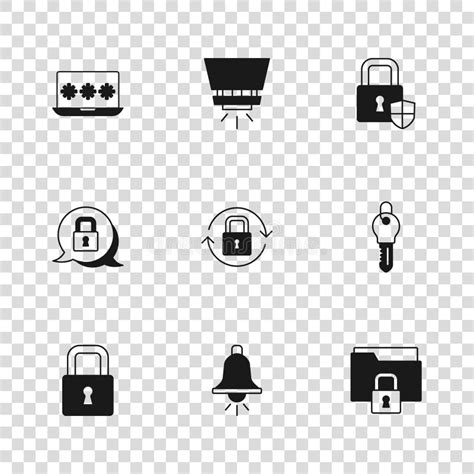 Set Ringing Alarm Bell Key Folder And Lock Lock Shield Security With Laptop Password Fire