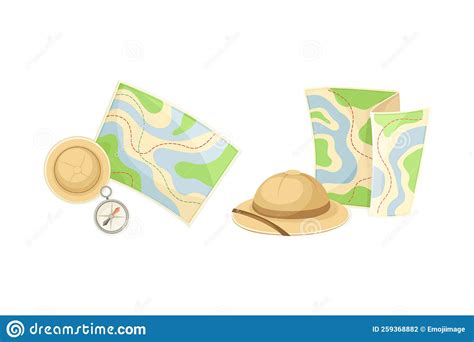 Expedition Map Depicting Geography And Route Of Tourist Journey With Compass Vector Set