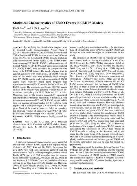 Pdf Statistical Characteristics Of Enso Events In Cmip5 Models