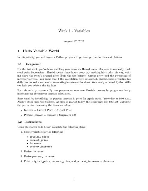 Week 1 Variables In Class Activities Week 1 Variables August 27 2023 1 Hello Variable