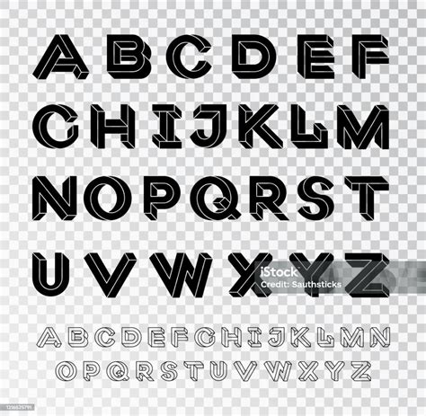 불가능한 지오메트리 문자 불가능한 모양 글꼴입니다 기하학적 아이소메트릭 그래픽 흰색 배경에 검은 글자 벡터 일러스트레이션 10