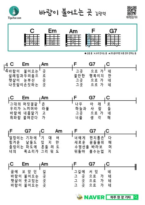 바람이 불어오는 곳김광석 쉬운 기타 코드 악보 A Place Where The Wind Blows Kim Kwang Seok Easy Guitar Chord