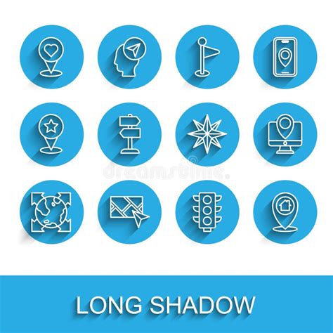 Set Line World Globe With Compass City Map Navigation Location Heart Traffic Light House