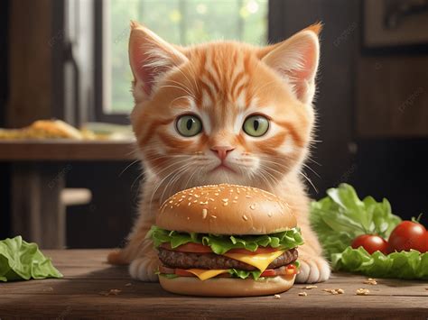 A Beautiful Cat Is Smiling And Eating Burger Background Burger Ai Cat Background Image And