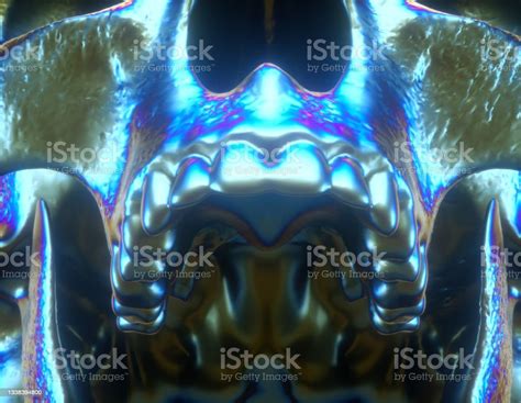 Metallic Scull Hyperrealistic Image 3d Render Holographic Opened Mouth Teeth Trendy Digital Art