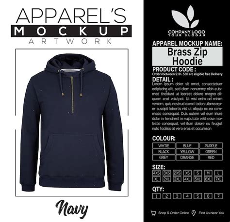 Premium Vector R007896 Brass Zip Hoodie Navy Apparel Mockup Artwork