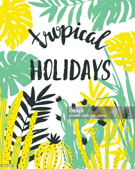 벡터 일러스트 레이 션 열 대 야생 식물 및 세련 된 레터링열 대의 휴일 손으로 그린된 트로픽 포스터입니다 우림에 대한 스톡