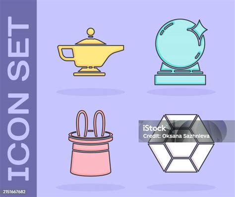 마법의 돌 마법의 램프 또는 알라딘 마술사 모자와 토끼 귀 마법 공 아이콘을 설정합니다 벡터 결정체에 대한 스톡 벡터 아트 및 기타 이미지 Istock