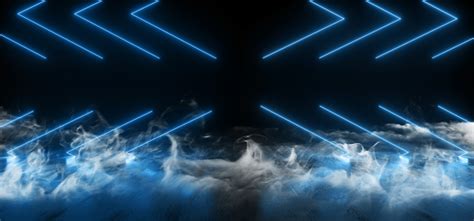 연기 미래 네온 조명 레이저 블루 빛나는 현대 복고풍 공상 과학 소설 우아한 우주선 클럽 밤 어두운 차고 지하 그런지 콘크리트 반사 추상 빔 3d 렌더링 0명에 대한 스톡