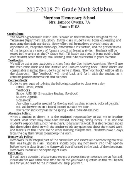 7th Grade Math Syllabus Pdf Homework Curriculum