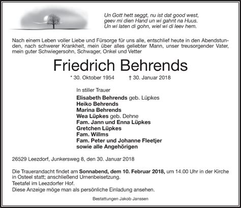 Traueranzeigen Von Friedrich Behrends Nordwest Trauerde