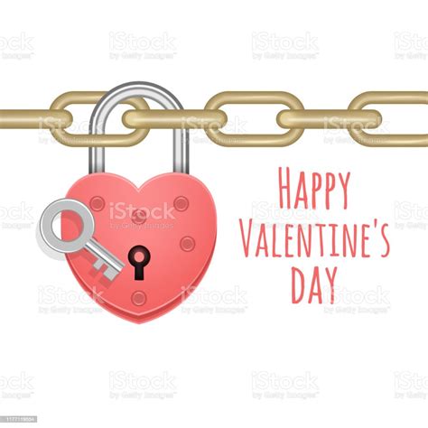 흰색에 고립 된 체인에 매달려 닫힌 심장 자물쇠와 인사말 카드 발렌타인 데이 또는 다른 사랑 초대 카드에 대한 배경 개념에 대한 스톡 벡터 아트 및 기타 이미지 Istock