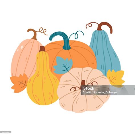 다양한 모양과 색상의 호박의 가을 구성입니다 안녕하세요 가을 가을 시즌입니다 가을 장식 디자인 할로윈 초대장 추수 감사절 요소 손으로 그리는 평면 벡터 그림 10월에 대한