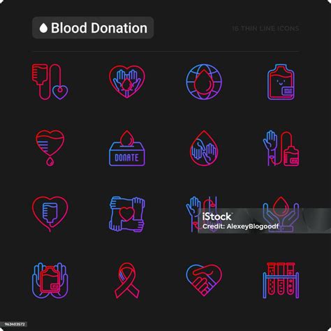 혈액 기부 자선 상호 원조 얇은 라인 아이콘을 설정 합니다 수혈 의학 도움 및 자원 봉사자의 기호 벡터 그림 세계 제공 날입니다 개체 그룹에 대한 스톡 벡터 아트 및 기타