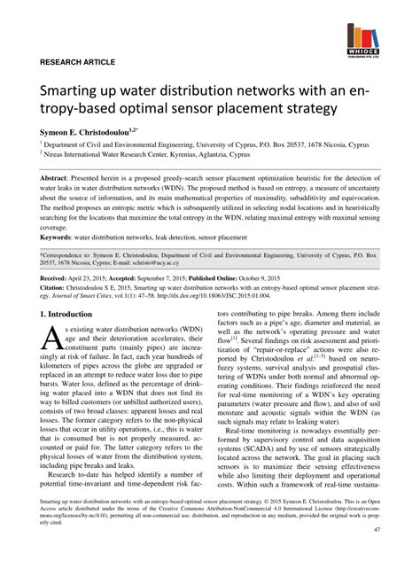 Pdf Smarting Up Water Distribution Networks With An Entropy Based Optimal Sensor Placement