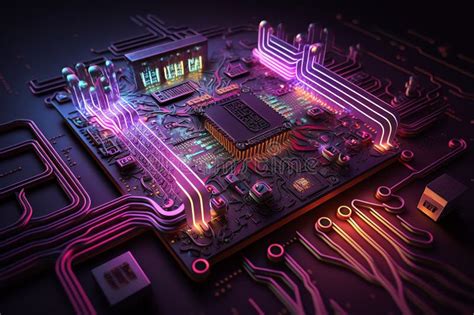 Electronic Circuit Board Close Up Glowing Microchip In Macro Futuristic Circuit Concept