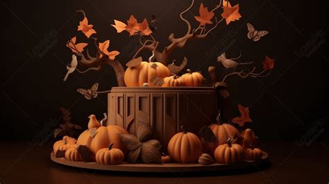 할로윈 테마의 3d 렌더링 디자인으로 제품 디스플레이를 강화하세요 호박 참나무 열매 날아다니는 박쥐 배경 할로 배경