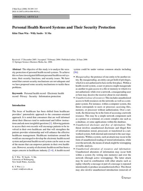 Pdf Personal Health Record Systems And Their Security Protection