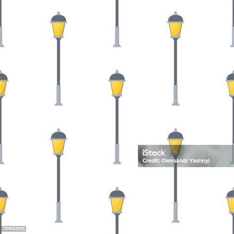 흰색 배경에 고립 된 가로등 만화와 원활한 패턴 현대적이고 빈티지 한 가로등 조경 건설을위한 요소 디자인 웹 포장지에 대한 벡터 그림 가로등에 대한 스톡 벡터 아트 및 기타