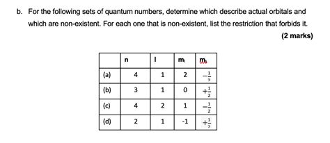Solved B For The Following Sets Of Quantum Numbers Chegg
