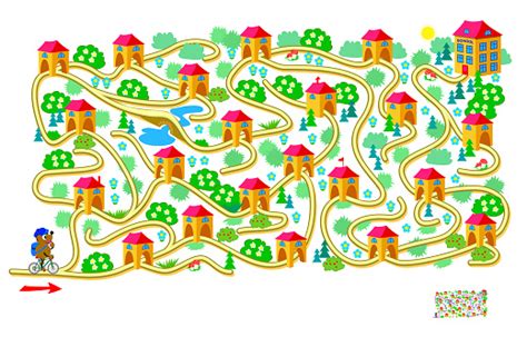 어린이와 성인을 위한 미로가 있는 논리 퍼즐 게임 작은 곰이 학교로가는 길을 찾도록 도와주세요 아이들 수수께끼 책을 위한