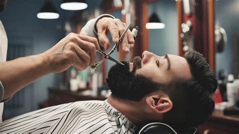 Premium Photo Barber Cutting A Beard With Scissors