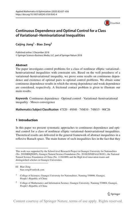 Continuous Dependence And Optimal Control For A Class Of Variationalhemivariational