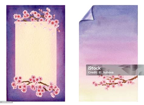 하나미 축제를 위한 파스텔 핑크 라일락 보라색 색상의 그라데이션 배경이 있는 꽃이 만발한 벚꽃 꽃이 있는 수직 프레임 엽서 포스터 엽서 결혼식을 위한 두 개의 봄 수채화