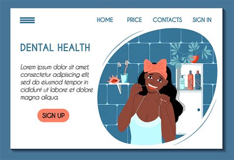 치과 진료소용 웹 페이지 템플릿입니다 치아 건강 구강 위생 아프리카 젊은 여성은 그녀의 일상을 위해 치과 치실을 사용 착지 페이지에 대한 플랫 일러스트 개념을 재고 웹