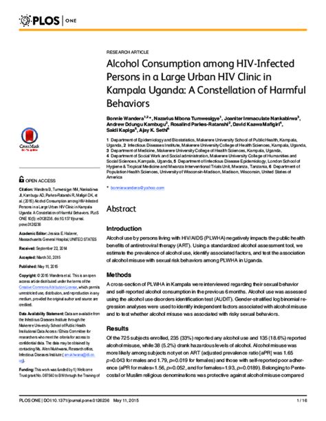 Pdf Alcohol Consumption Among Hiv Infected Persons In A Large Urban