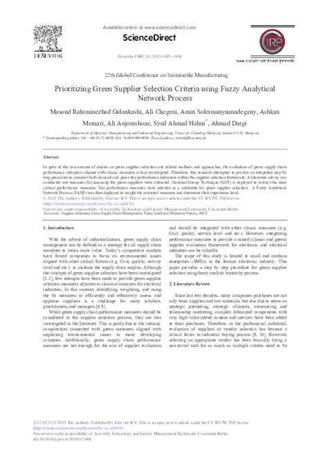 Pdf Prioritizing Green Supplier Selection Criteria Using Fuzzy Analytical Network Process