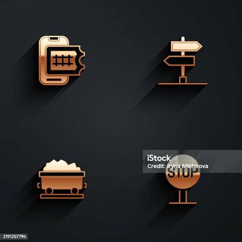 온라인 티켓 예약 도로 교통 표지판 석탄 기차 마차 및 긴 그림자가있는 중지 아이콘을 설정하십시오 벡터 간판에 대한 스톡 벡터 아트 및 기타 이미지 Istock