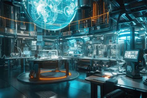 Futuristic Hightech Control Room A Hightech Laboratory With Floating Scientific Equipment And
