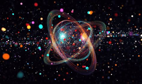 Colorful Abstract Representation Of Atom With Vibrant Particles And Energy Rings Showcasing The