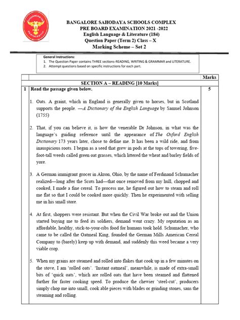 Class 10 English Pre Board Sahodaya Marking Scheme Download Free Pdf Oatmeal