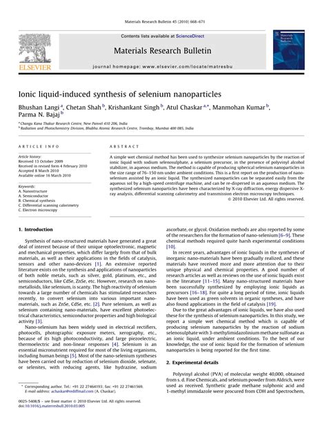 Pdf Ionic Liquid Induced Synthesis Of Selenium Nanoparticles