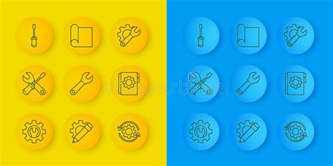 Set Line Wrench Spanner And Gear Screwdriver Wrench Gear Arrows As Workflow User Manual And