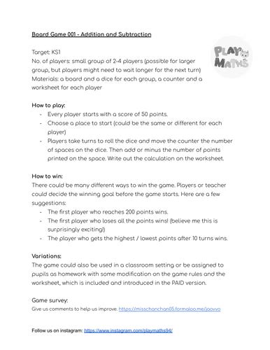 Ks1 Addition And Subtraction Board Game With Worksheet Teaching Resources