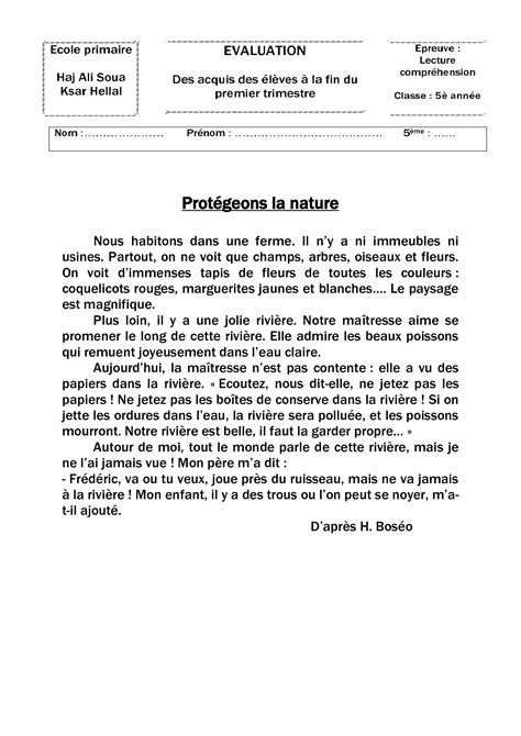 سنة خامسة 5 ابتدائي تقييم Français Lecture Et Compréhension الثلاثي