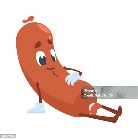 소시지 캐릭터 귀여운 얼굴 팔 다리가 있는 아침 식사 스낵 마스코트 바베큐 식사 패스트 푸드 및 핫도그 광고 고립 된 육류 제품