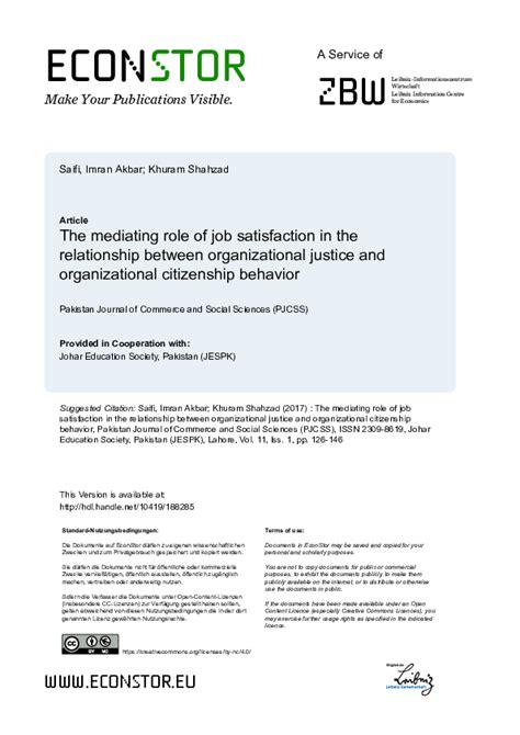 Pdf Job Satisfaction Mediates Justice And Ocb